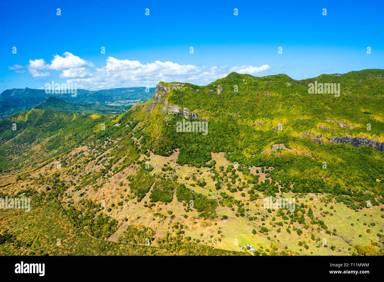 Aerial view of beautiful tropical Mauritius island with green jungle ...