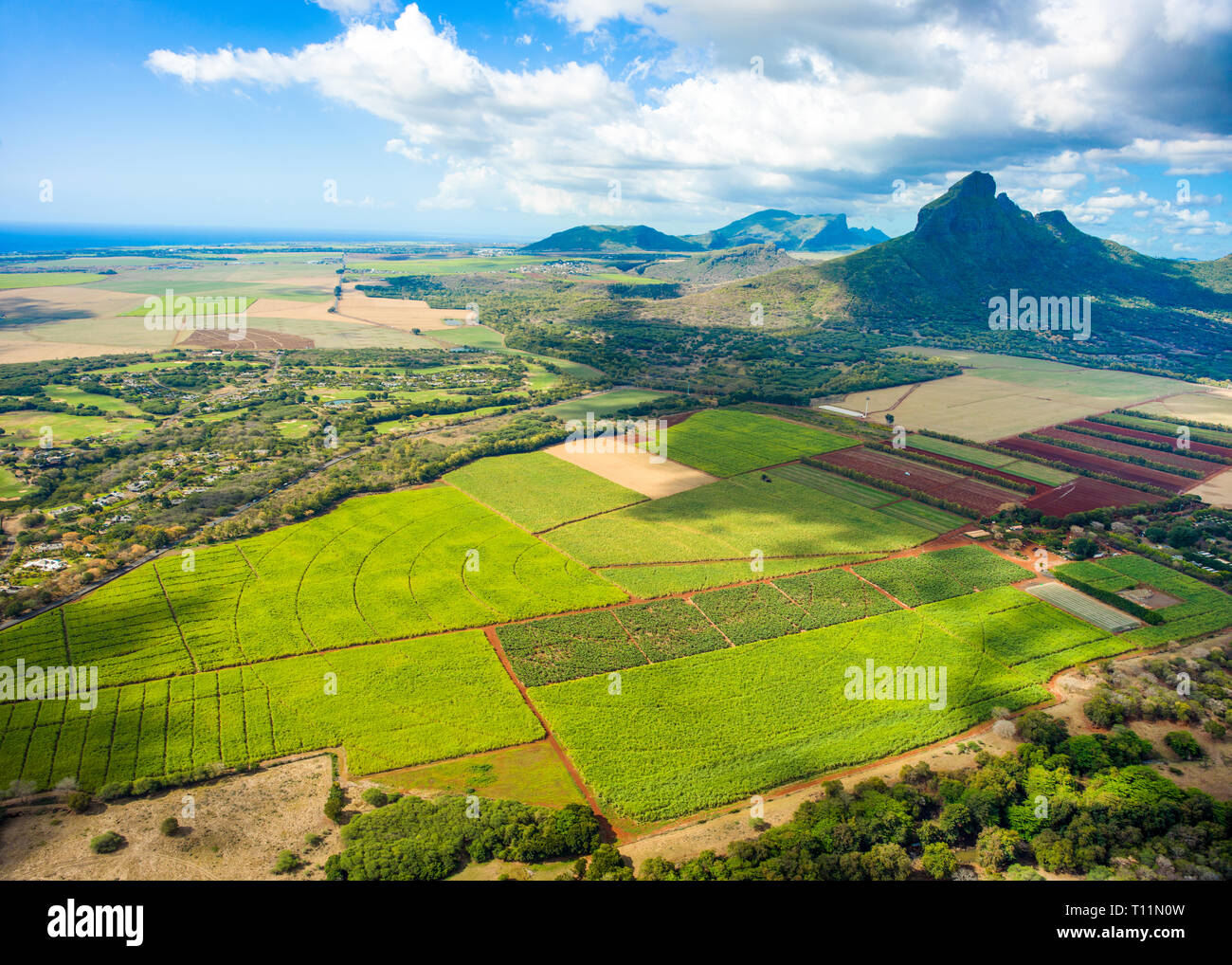 Aerial view of Mauritius island. Landscape of colorful fields and ...