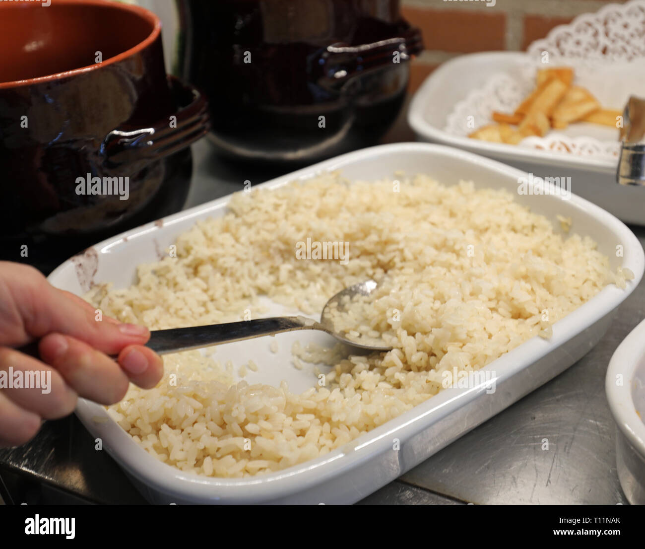 Inside a self service restaurant with many raw and cooked foods Stock ...