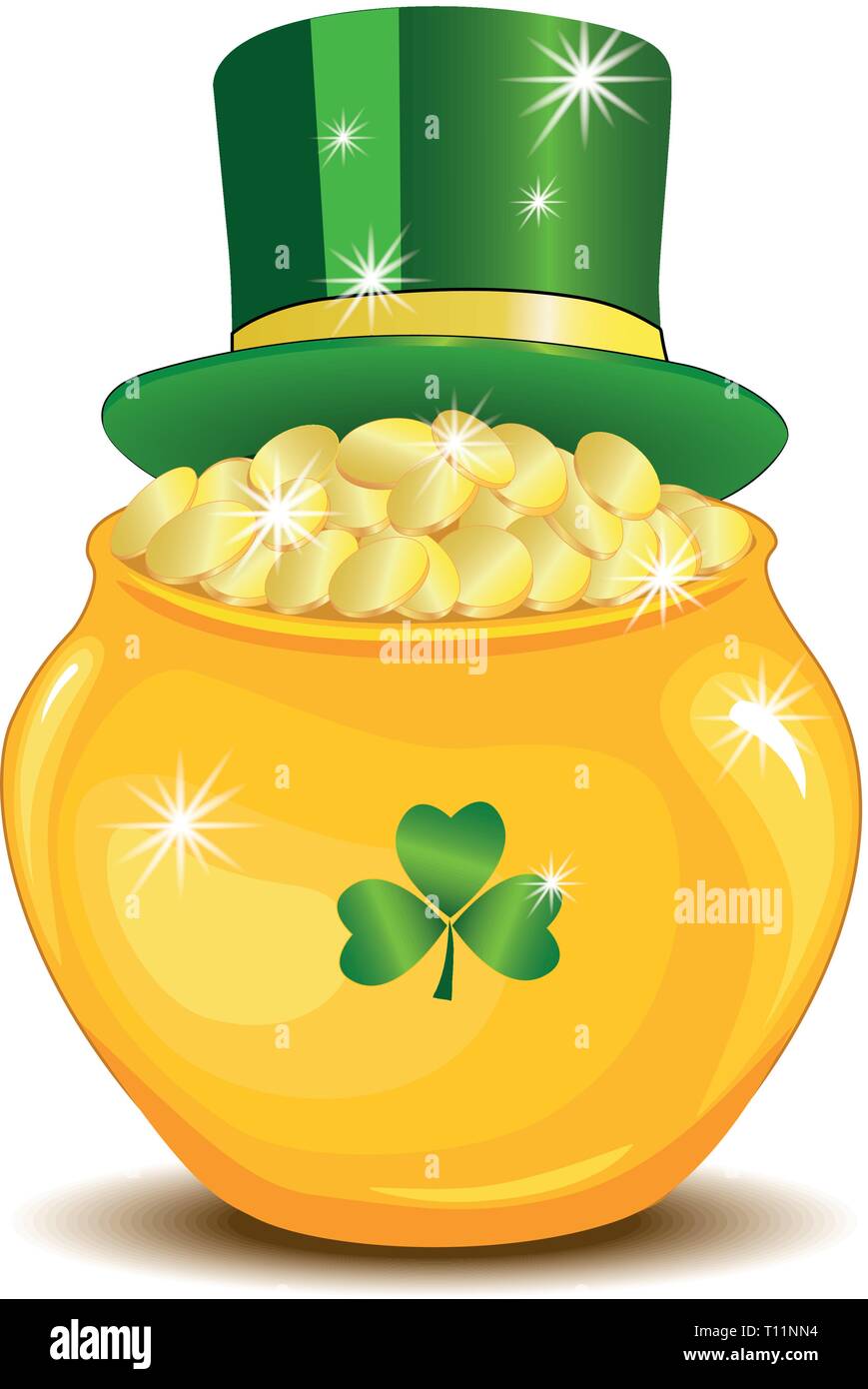 A Golden pot full of gold coins. The banker's hat is green. Green ...