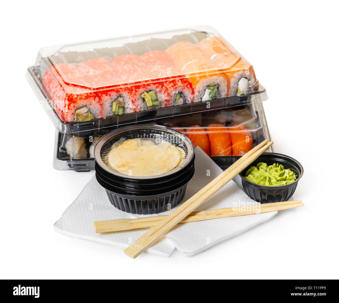 Japanese cuisine, sushi set in a package on white isolated background ...
