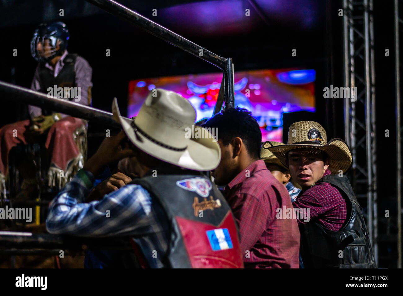 latin bull riders before riding in Guatemalan rodeo Stock Photo - Alamy