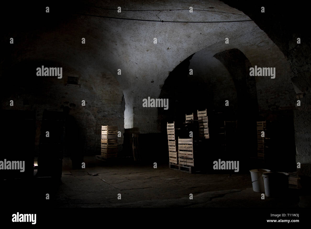 vaulted cellar with wine boxes Stock Photo - Alamy