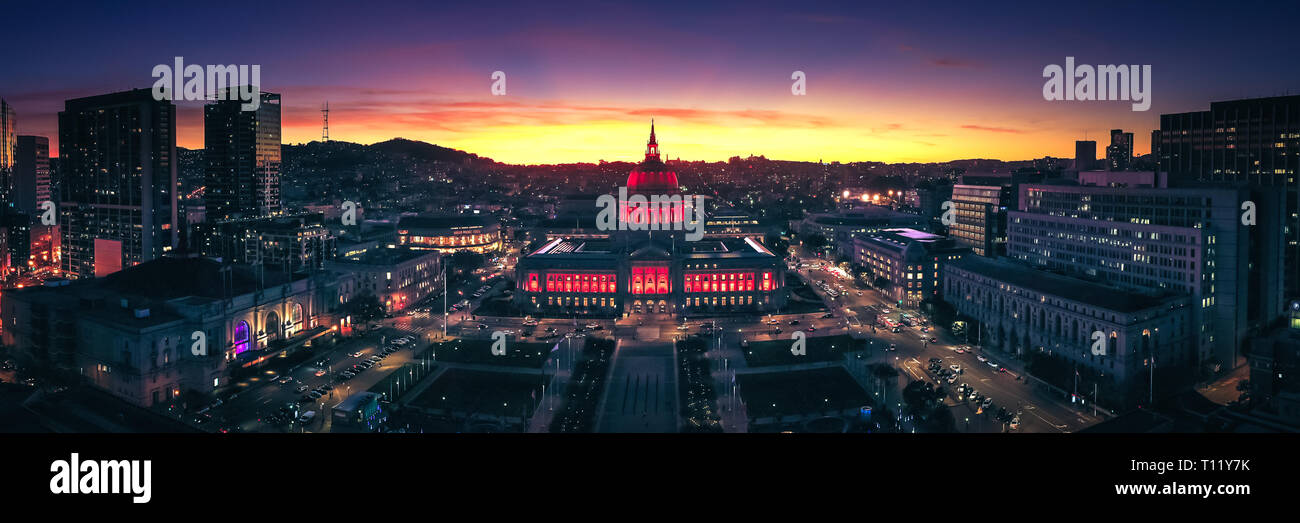Aerial Panoramic View of the San Francisco City Hall at Sunset with ...