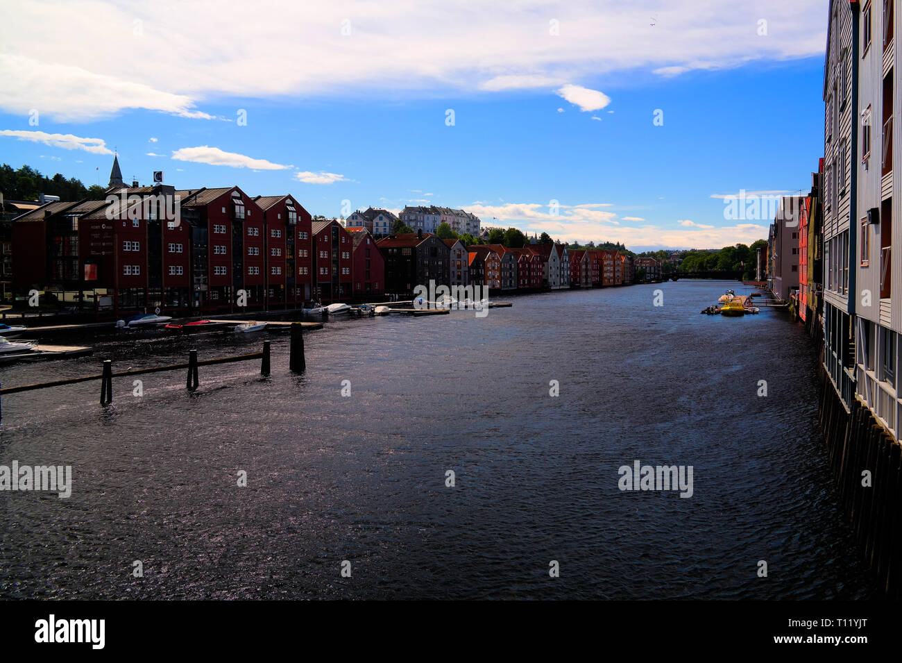 Panoramic view to Nidelva river and stilt houses in Trondheim, Norway ...