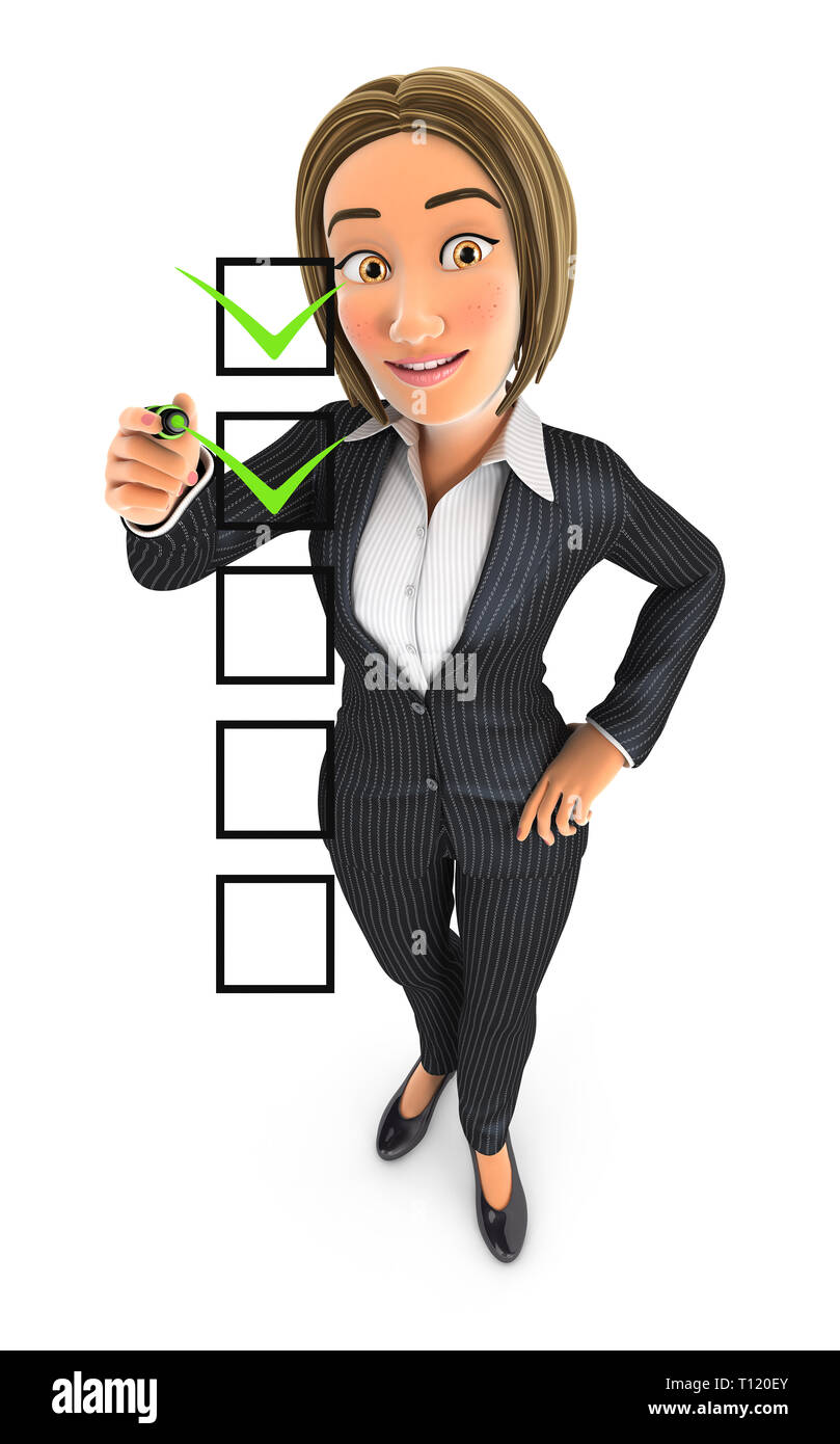 3d business woman checklist, illustration with isolated white ...