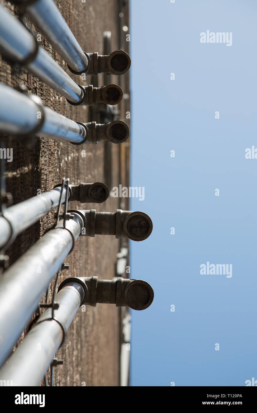 Ventilation industrial meta pipes wall blue sky copy space Stock Photo ...