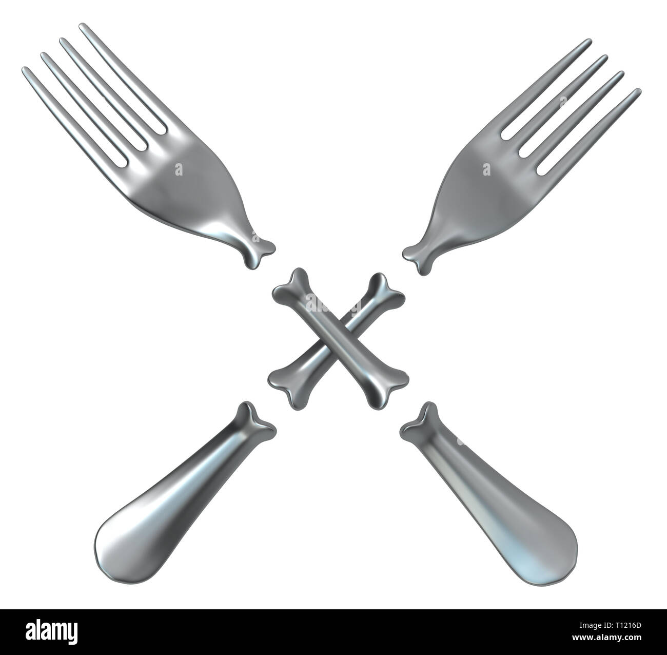 Fork metal bones crossed, 3d illustration, horizontal, isolated, over ...