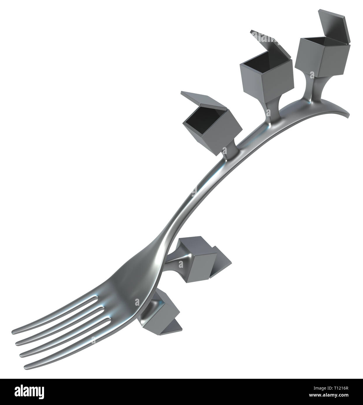 Fork metal with attached boxes, surreal 3d illustration, horizontal ...