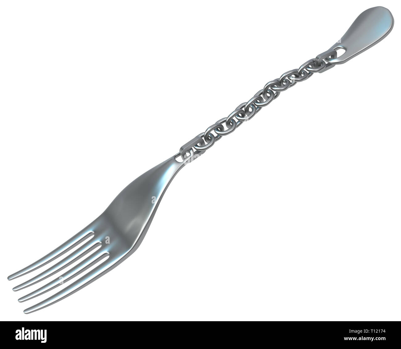Fork metal chain middle, 3d illustration, horizontal, isolated, over ...
