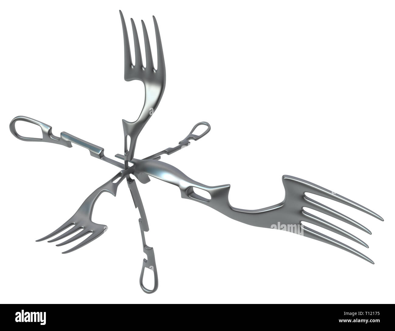 Fork metal surreal crossed abstract, 3d illustration, horizontal ...