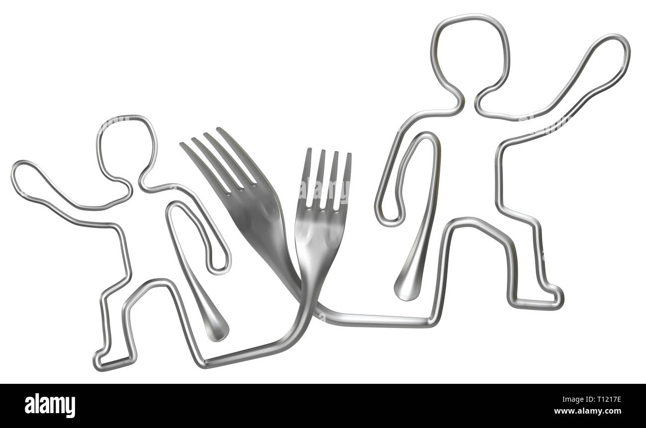 Fork metal person figure shapes, 3d illustration, horizontal, isolated ...