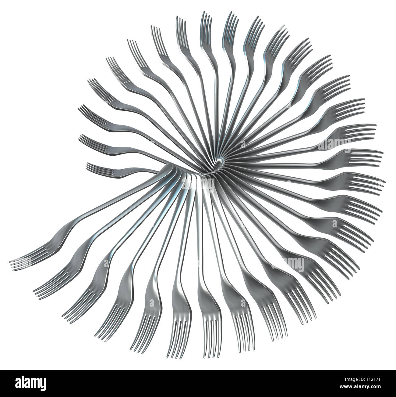 Forks metal helix, 3d illustration, horizontal, isolated, over white ...