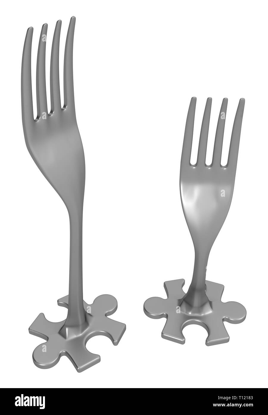 Fork metal jigsaw puzzle piece end, 3d illustration, vertical, isolated ...