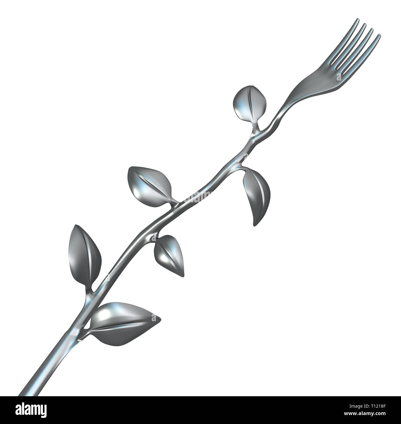 Fork metal long with leaves surreal, 3d illustration, horizontal ...