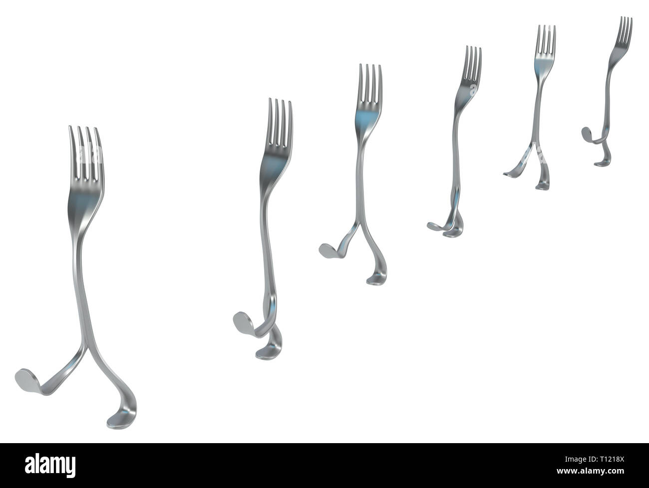 Fork metal with legs queue line walking, 3d illustration, horizontal ...