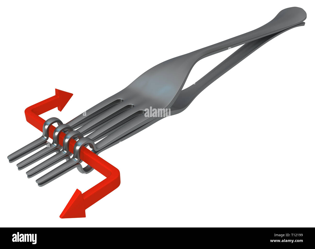 Fork metal red arrow odd, 3d illustration, horizontal, isolated, over ...