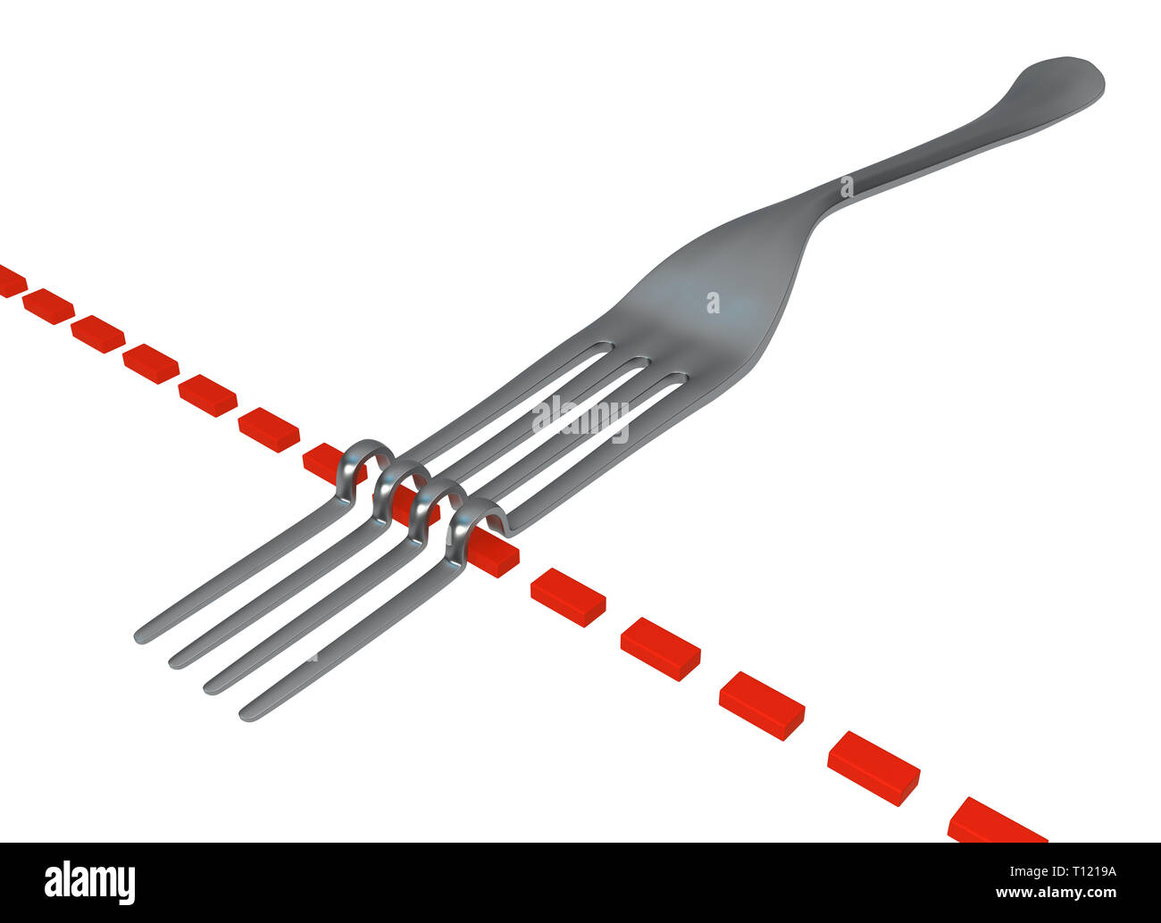 Fork metal red line crossing, 3d illustration, horizontal, isolated ...
