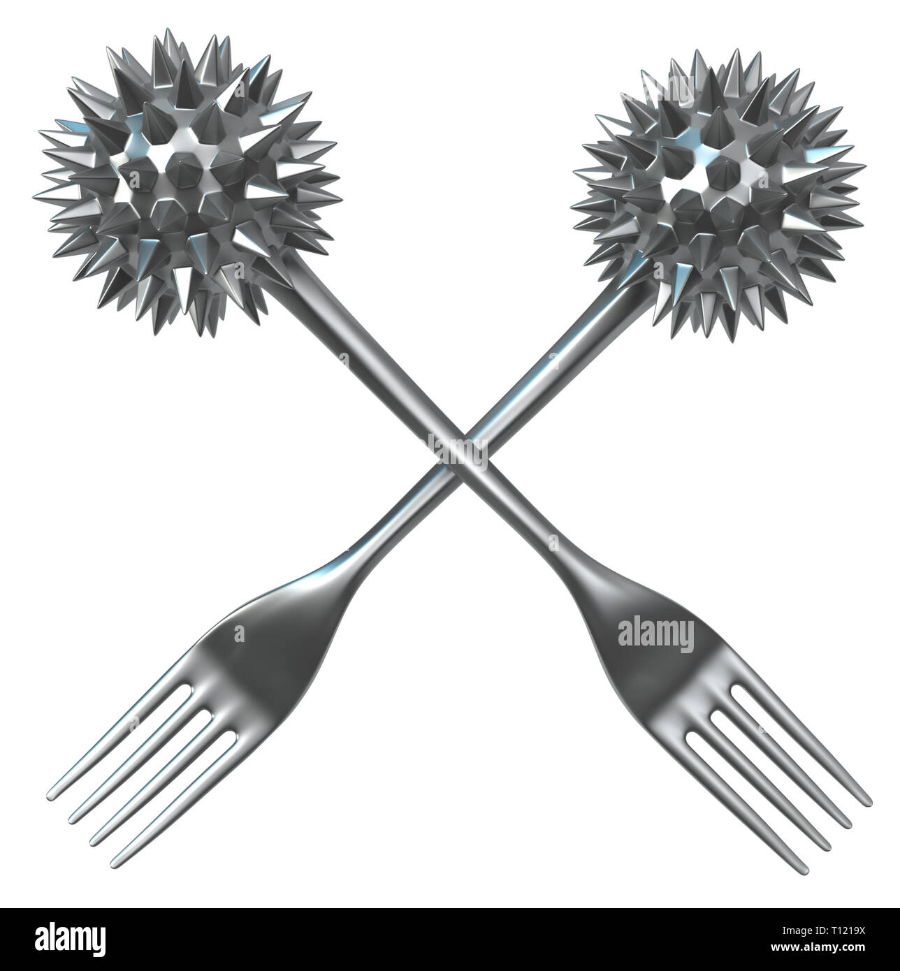 Fork metal spiky balls, 3d illustration, horizontal, isolated, over ...