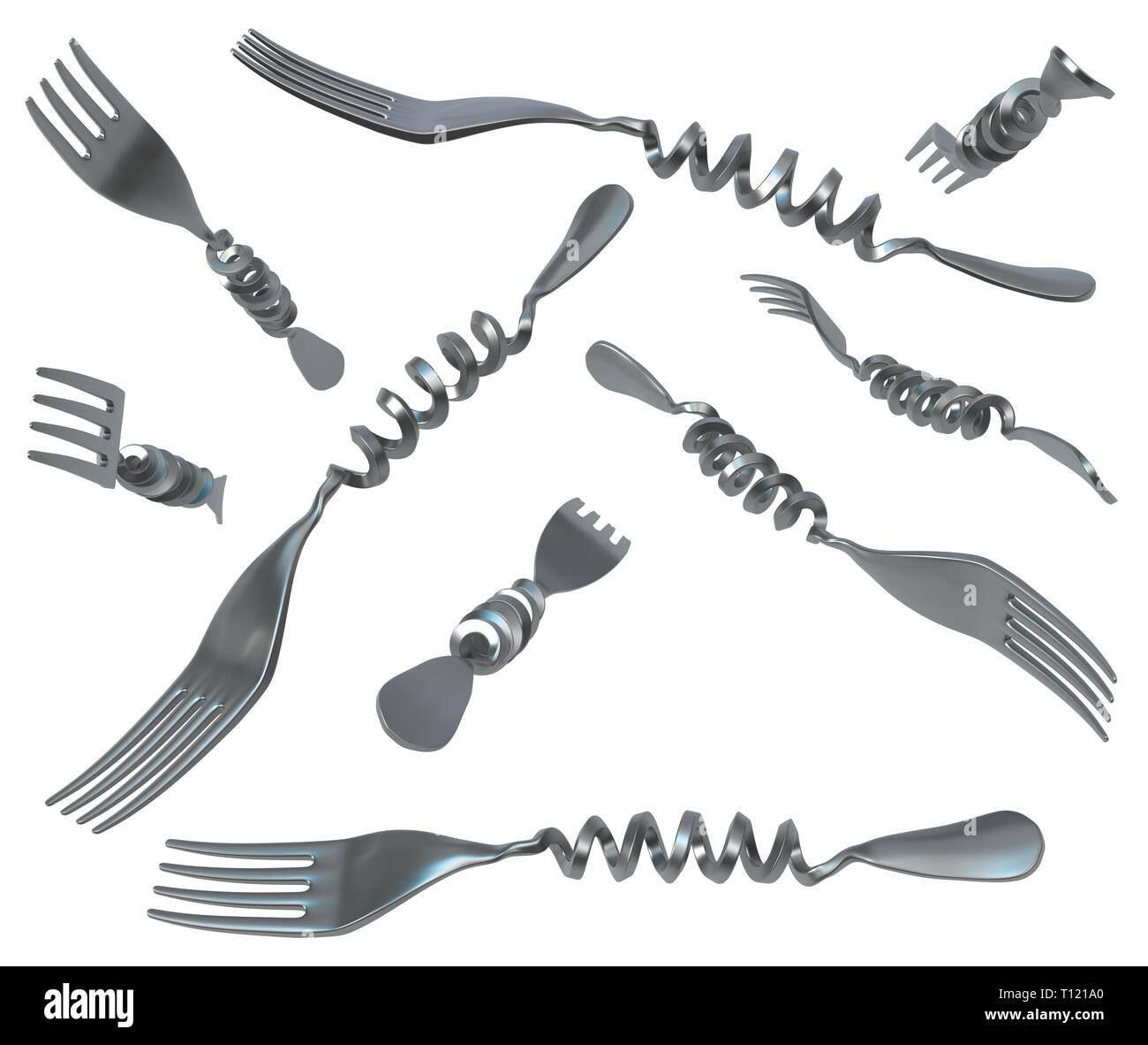 Fork metal spring set, 3d illustration, horizontal, isolated, over ...
