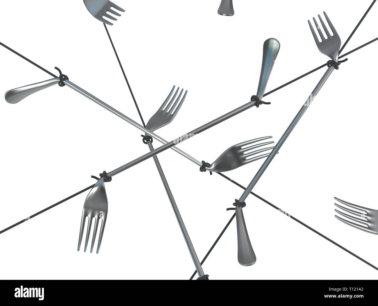 Fork metal strings stretched many, 3d illustration, horizontal ...