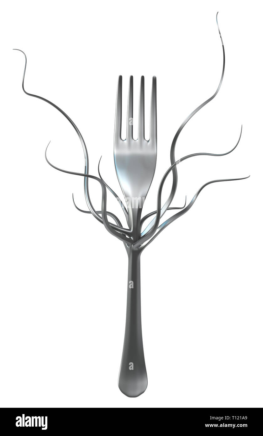 Fork metal tendrils surreal change, 3d illustration, vertical, isolated ...