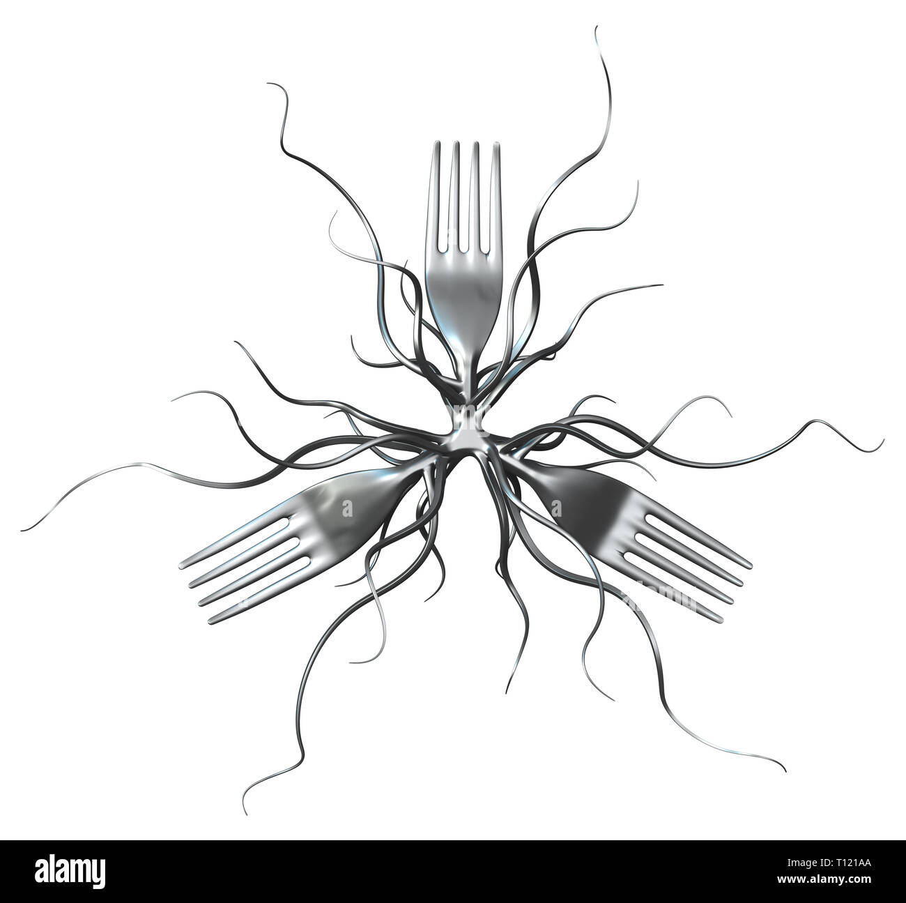 Fork metal tendrils surreal change trio, 3d illustration, horizontal ...