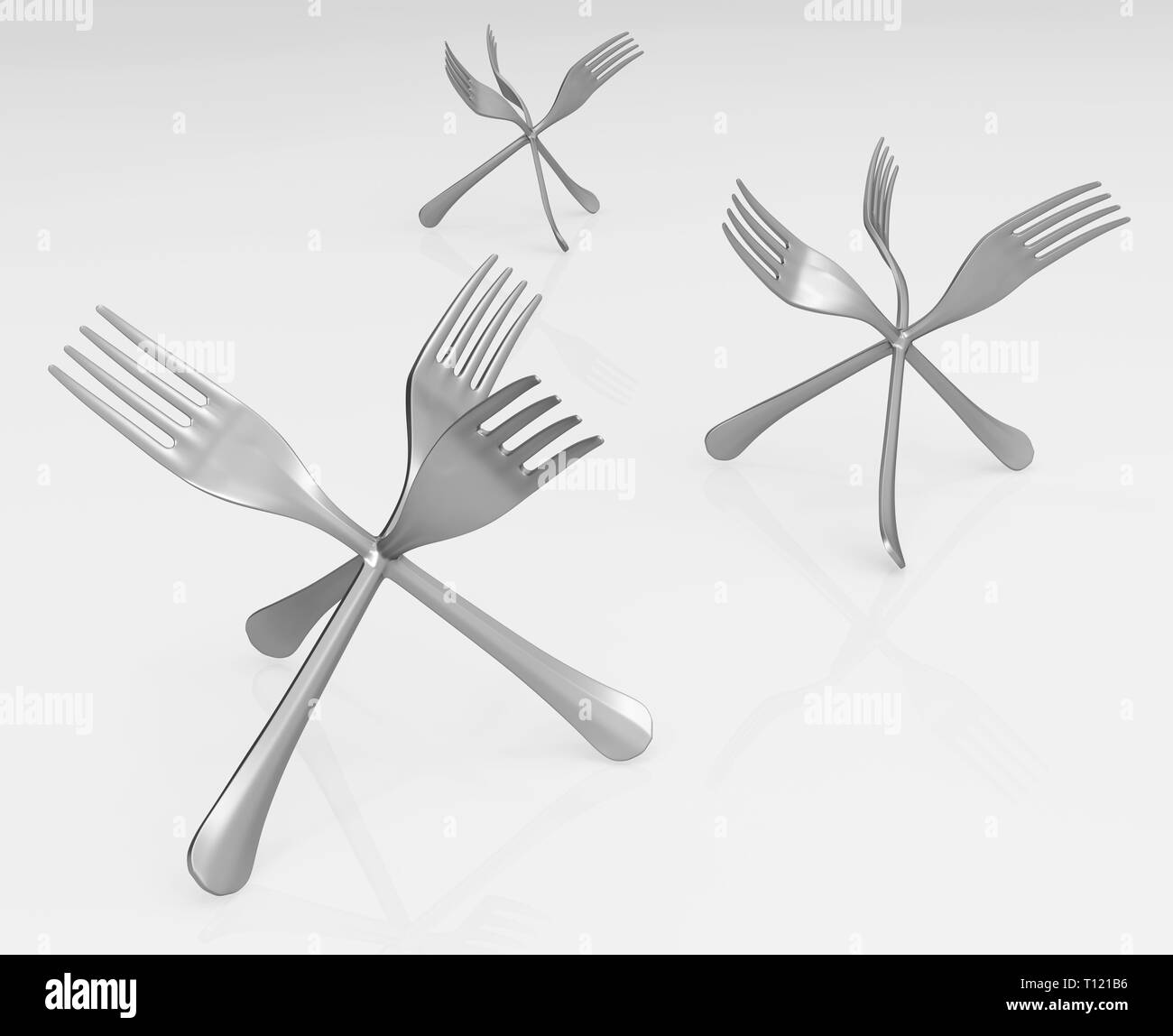Fork metal three fused together, 3d illustration, horizontal, over ...