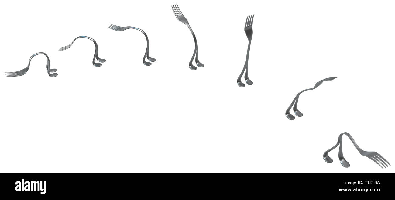 Fork metal with legs bend sequence, 3d illustration, horizontal ...