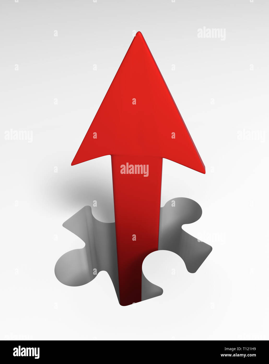 Jigsaw puzzle piece white hole drop red arrow rise, 3d illustration ...