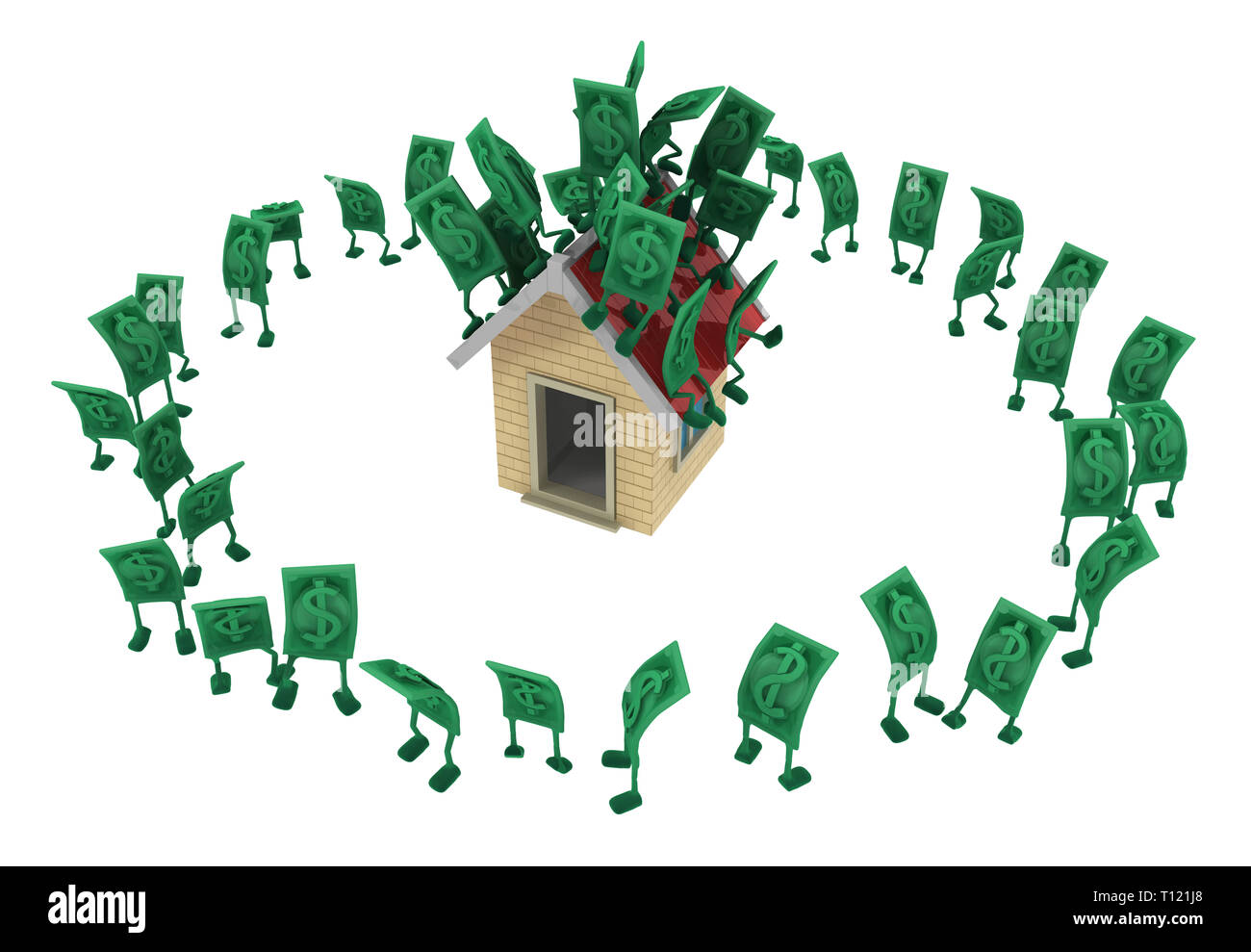 Dollar money symbol cartoon characters on top of house roofs encircled ...