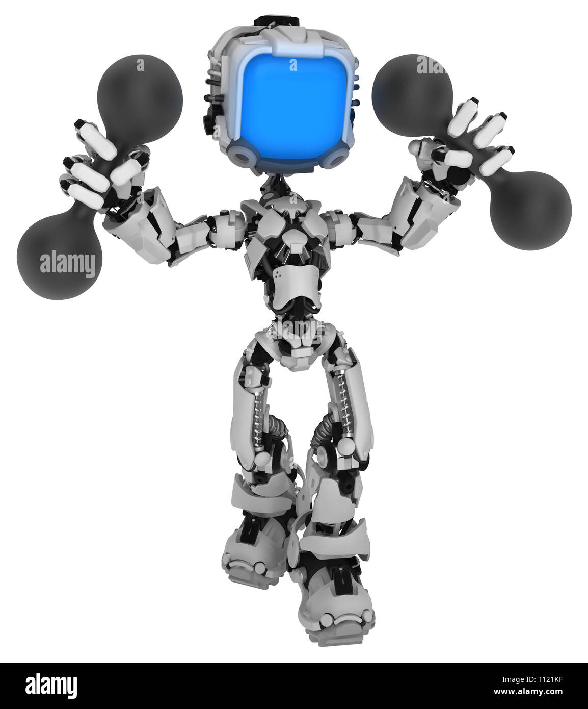 Screen robot figure character pose with two dumbbells, 3d illustration ...