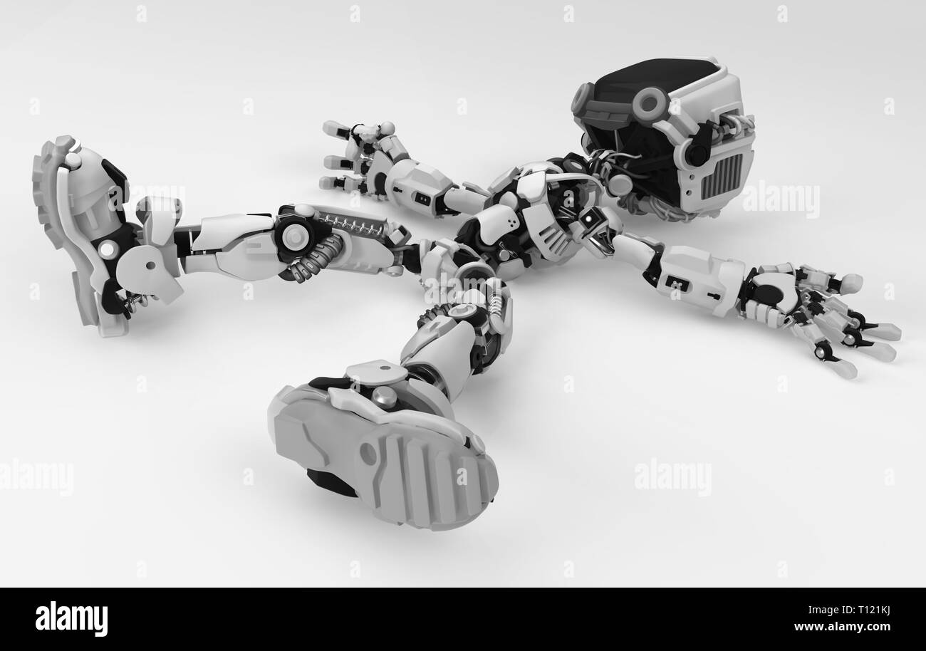 Screen robot figure character pose lying deactivated, over white ...