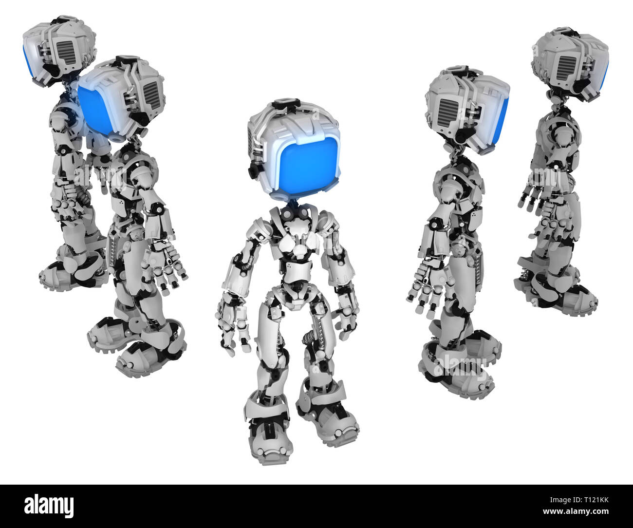 Screen robot figure character pose five group standing, 3d illustration ...