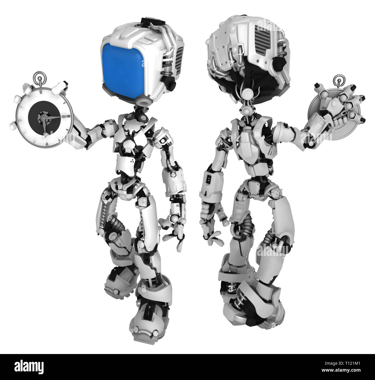 Screen robot figure character pose holding round watch in hand, front ...