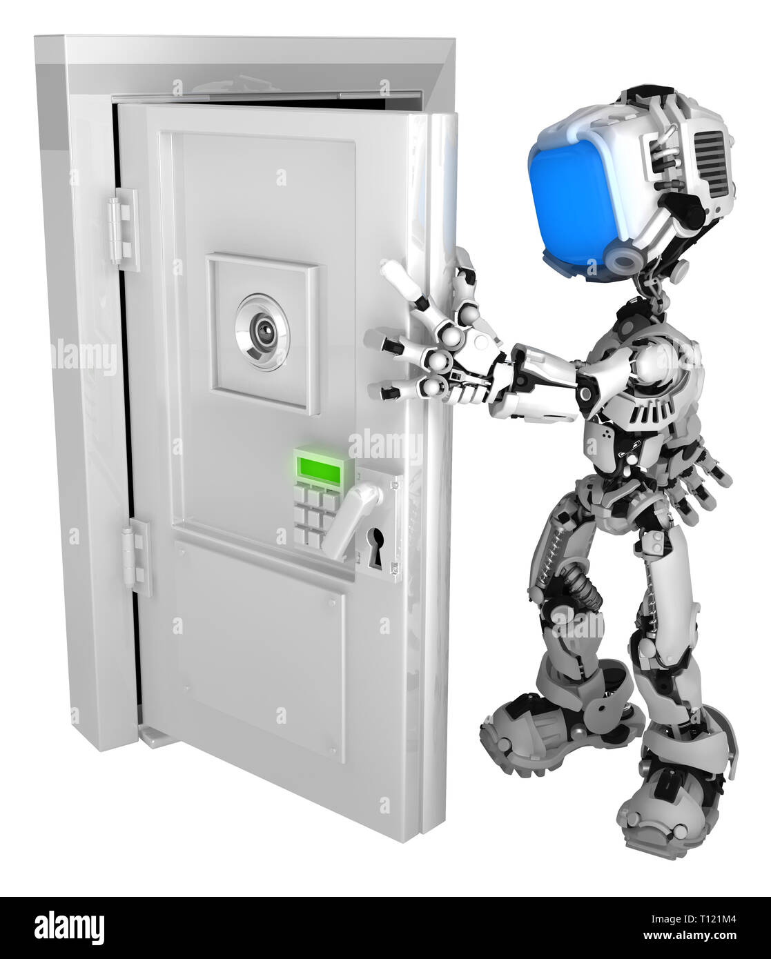 Screen robot figure character pose opening door, 3d illustration ...