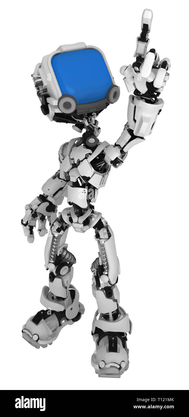 Screen robot figure character pose pointing up, 3d illustration ...