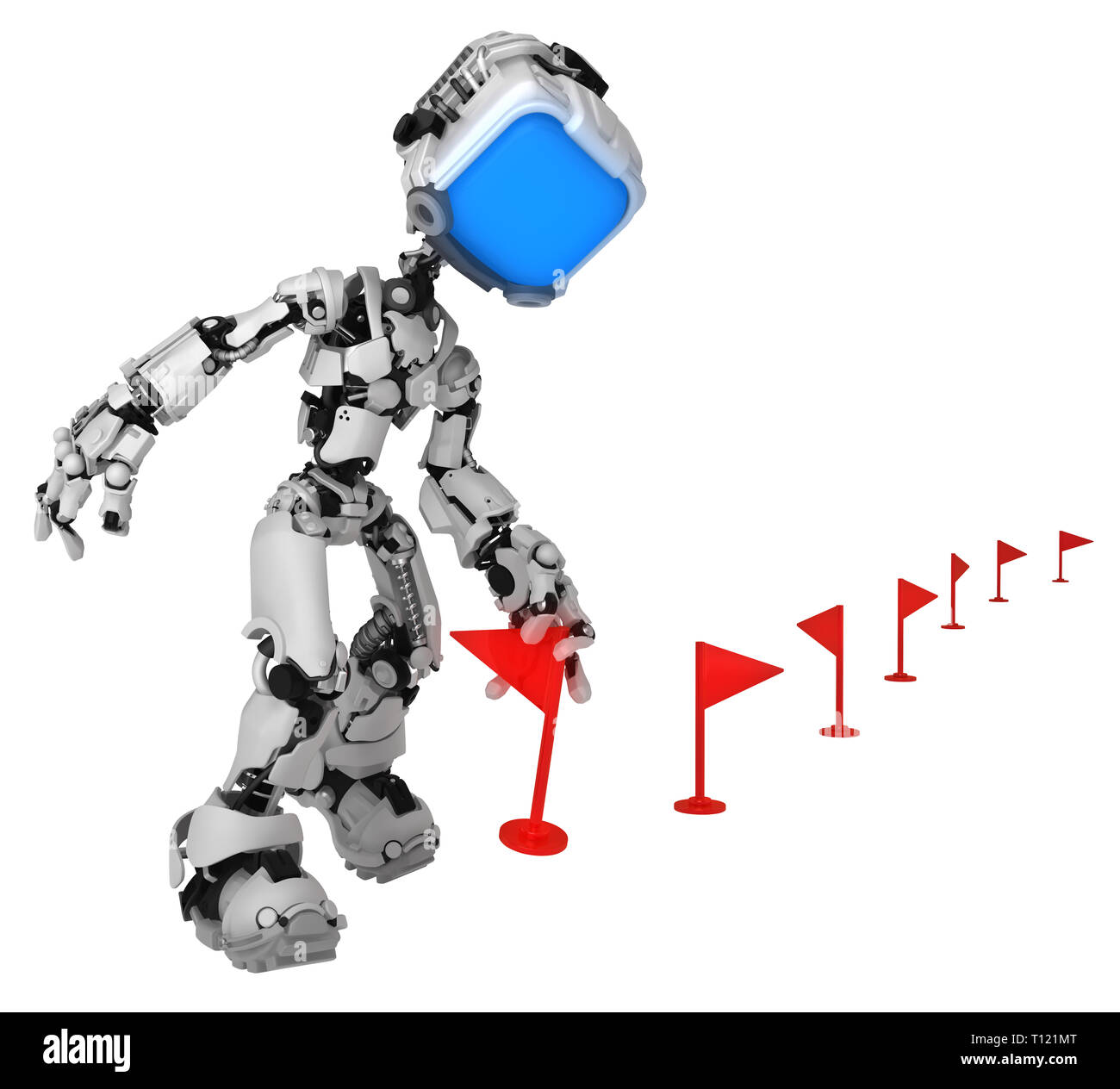 Screen robot figure character pose set red flag markers taking one, 3d ...