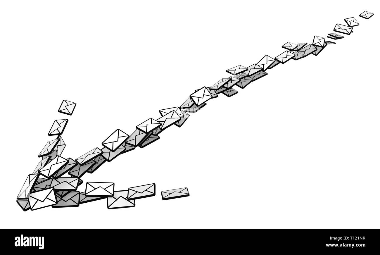 Mail letter symbols arrow shape, 3d illustration, horizontal, over ...