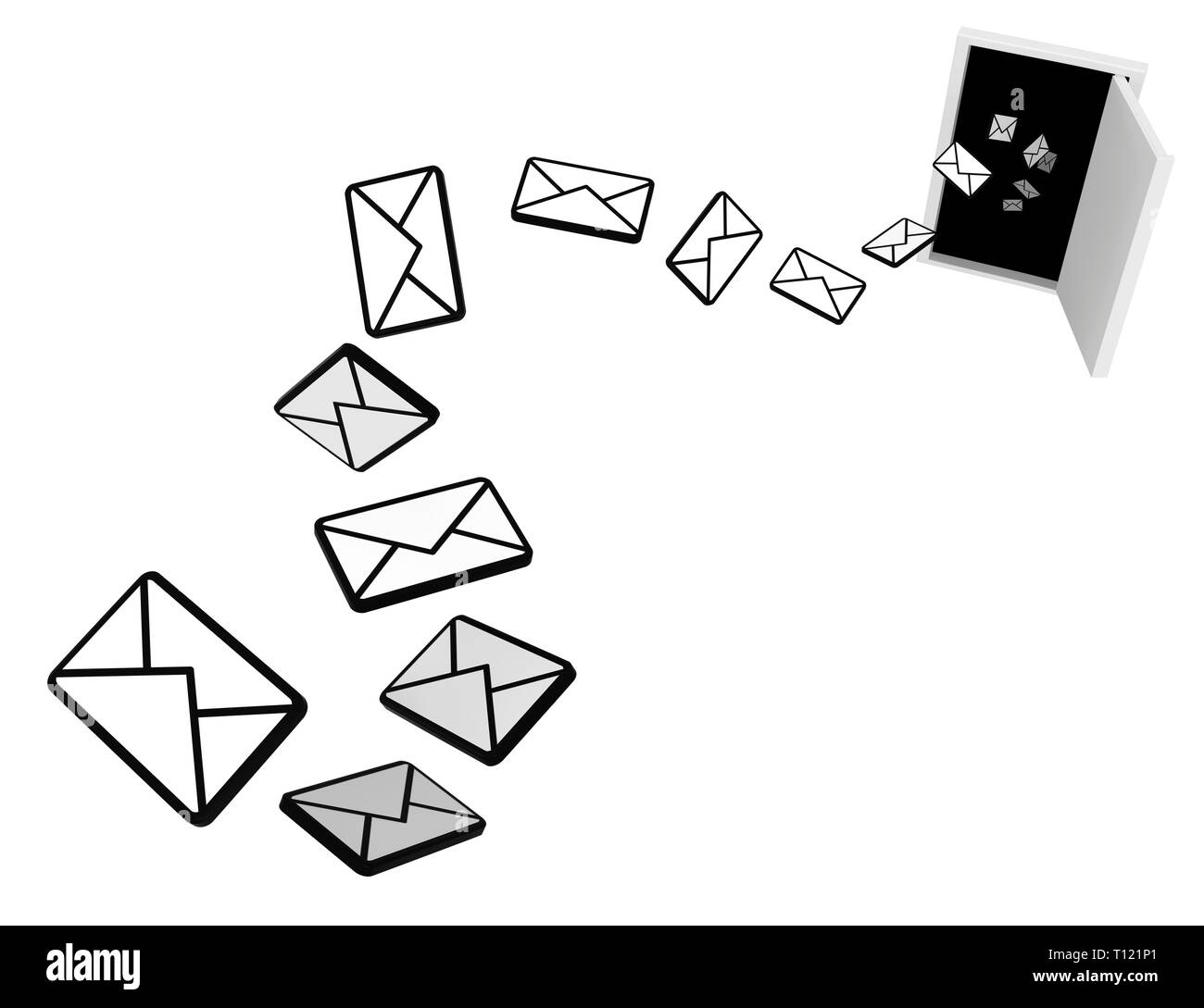 Mail letter symbols doorway, 3d illustration, horizontal, over white ...