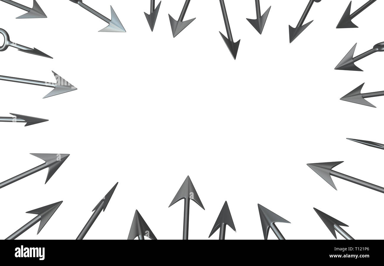 Metal arrow points frame border isolated, 3d illustration, horizontal ...