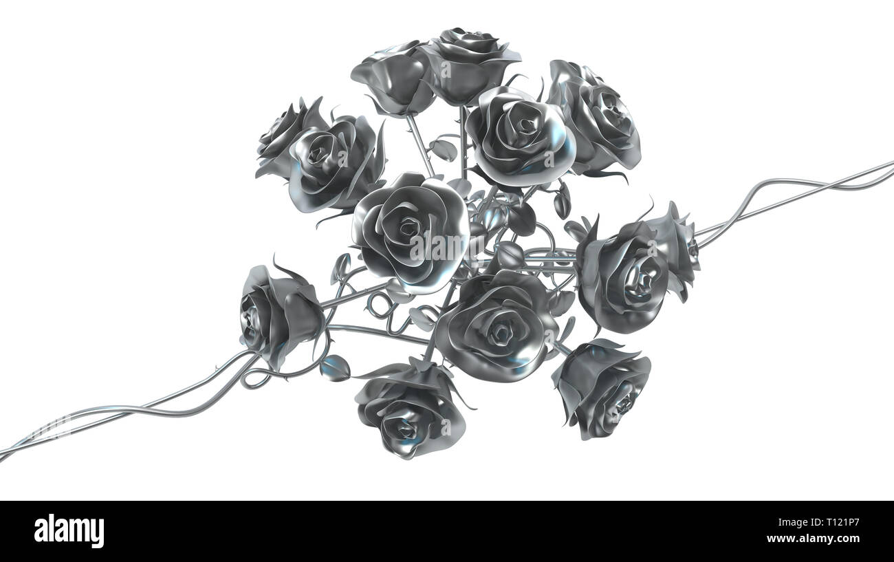Metal rose bush wire connected decoration isolated, 3d illustration ...