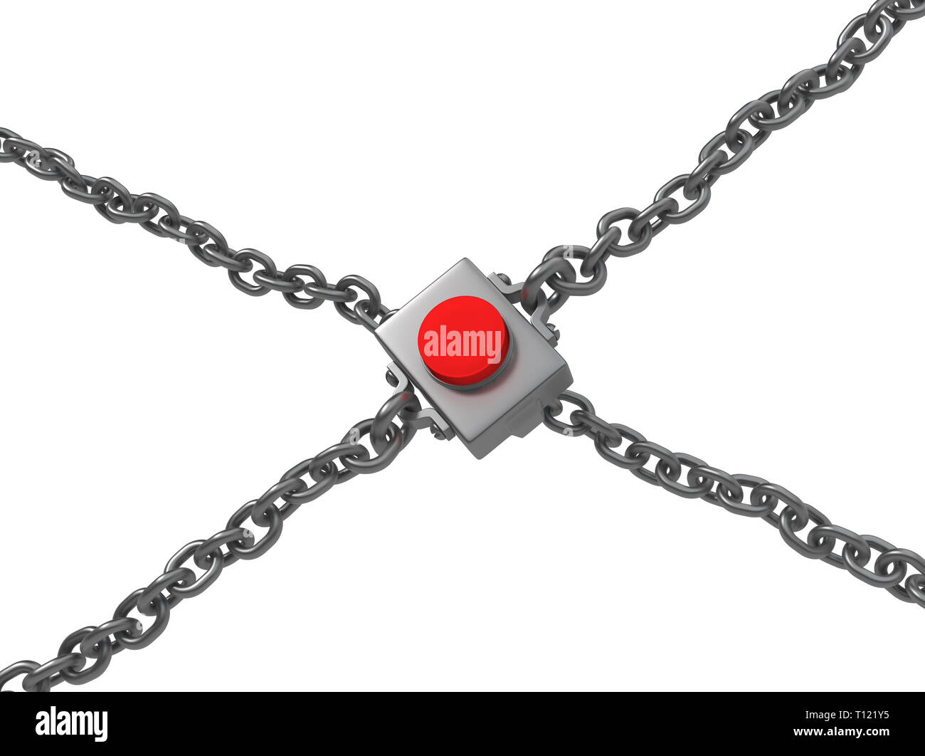 Chains red button switch box, dark grey metal 3d illustration, isolated ...
