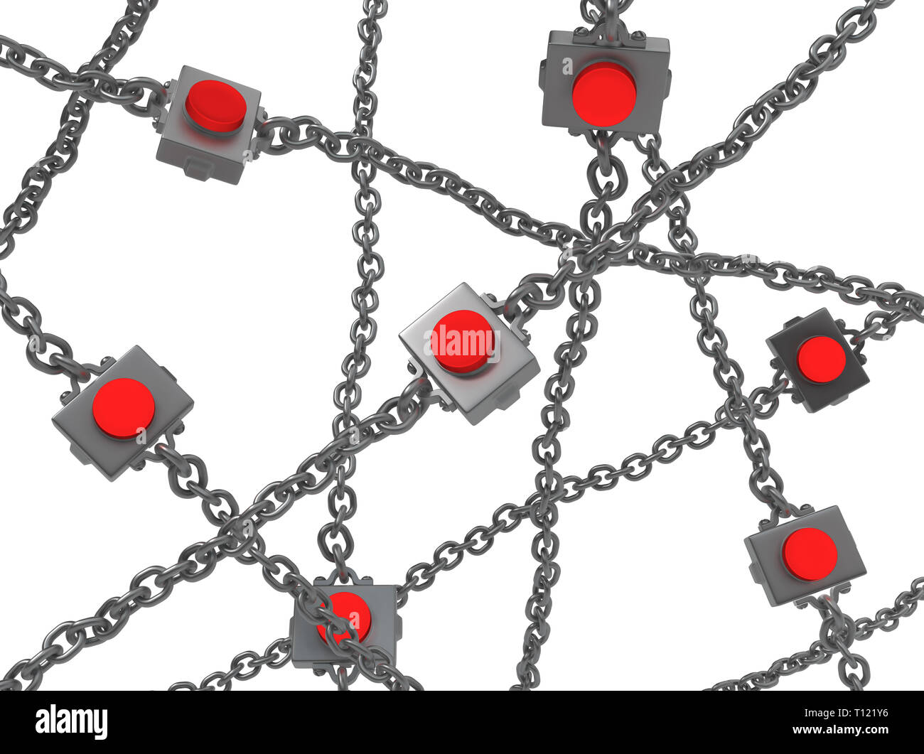 Chains red button switch boxes, dark grey metal 3d illustration ...