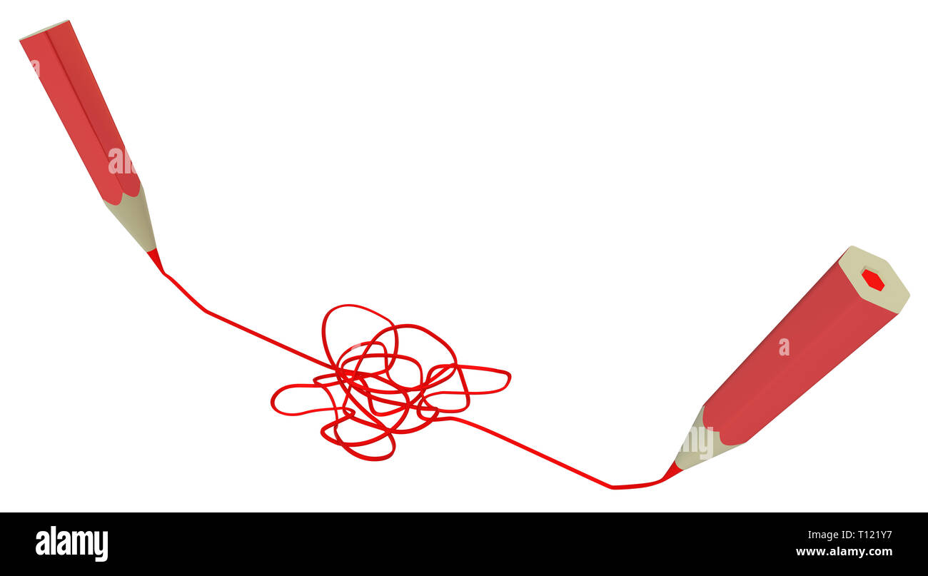 Red pencil draw tangle, 3d illustration, horizontal, over white ...