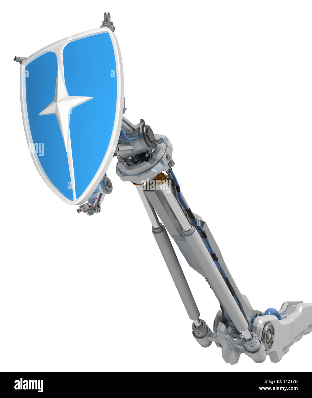 Robotic arm with three fingers, holding shield, 3d illustration ...