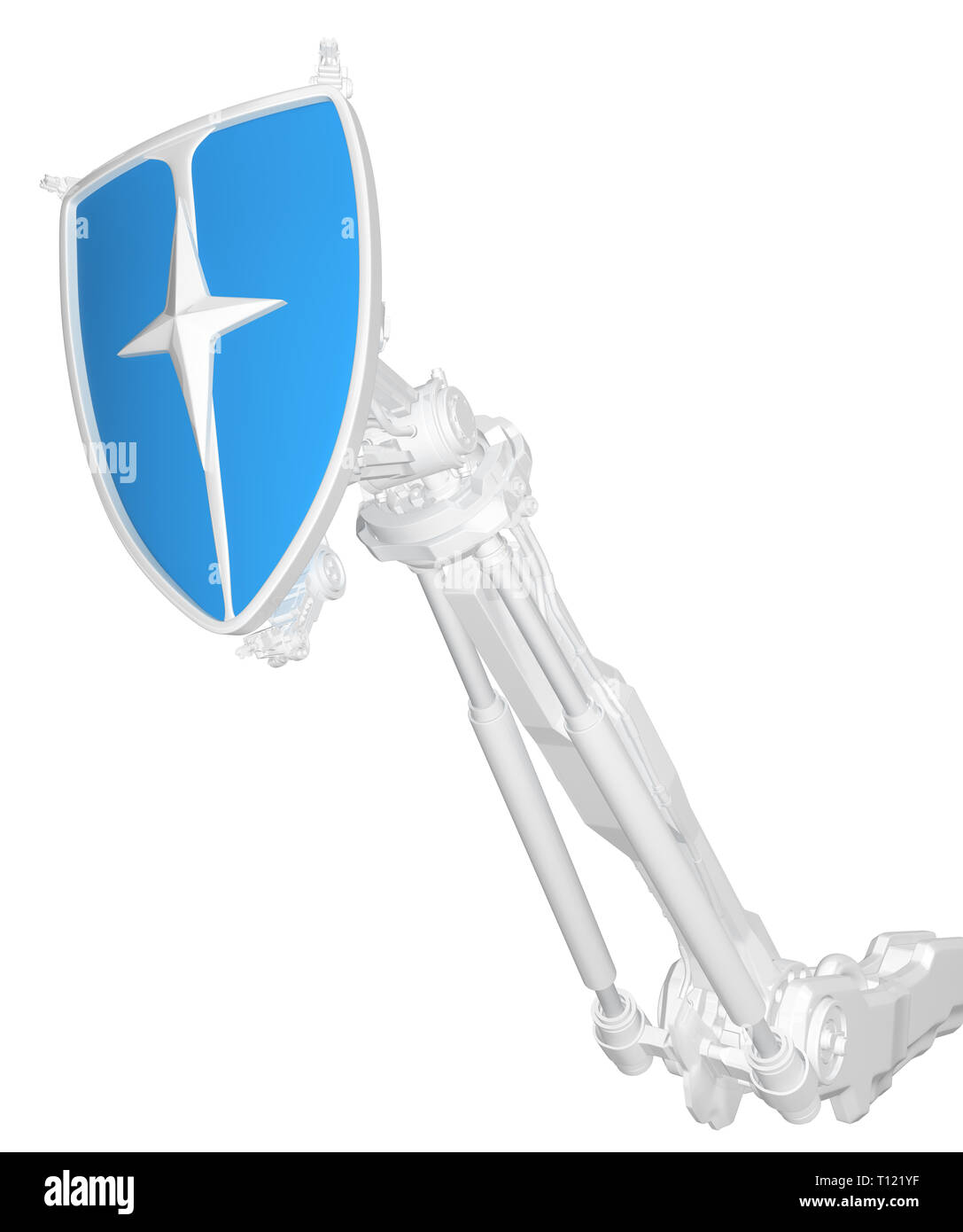 Robotic arm with three fingers white, holding shield, 3d illustration ...