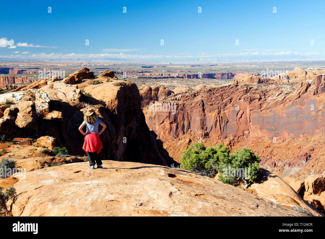 Female hiker contemplating the arid landscape of Canyonlands from the ...
