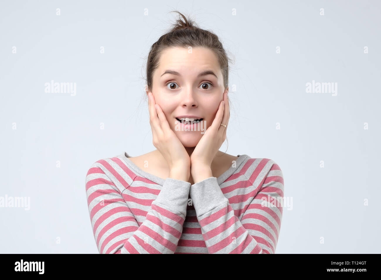 Beauty european woman with happy and content emotion on face. Positive ...