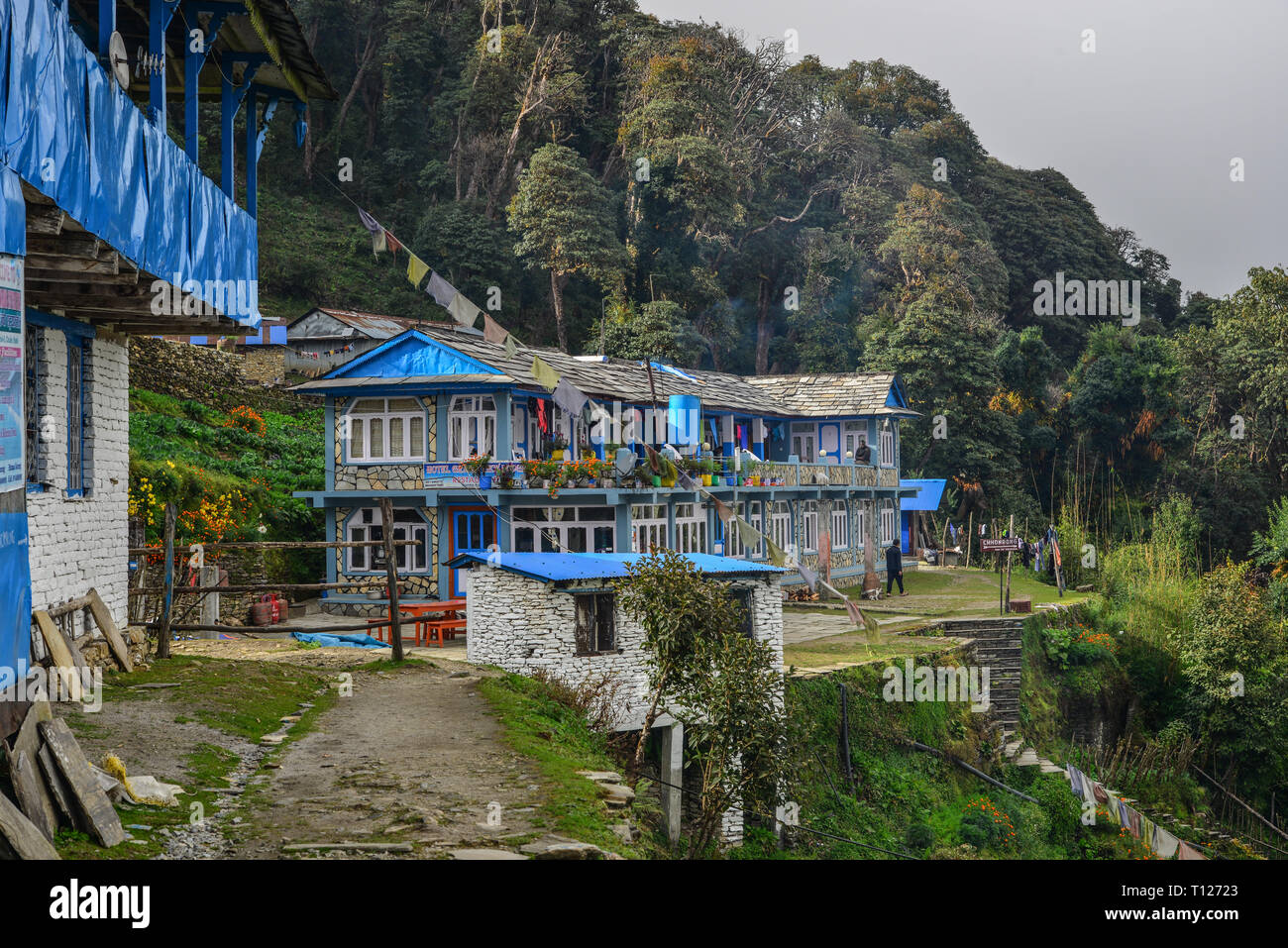 Tadapani, Nepal - Oct 21, 2017. Local house at mountain village at base ...